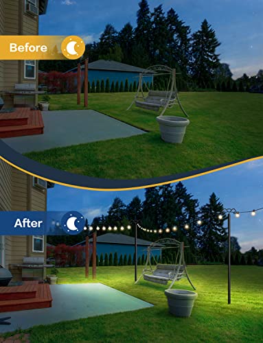 Karjoefar String Light Poles for Outside, 9FT Metal Poles for Outdoor String Lights, Patio Light Pole with 7-Prong and 2 Hooks for Backyard Garden Bistro Deck Party Holiday - 2Pack