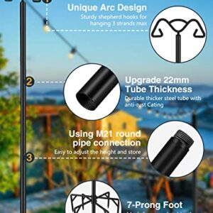 Karjoefar String Light Poles for Outside, 9FT Metal Poles for Outdoor String Lights, Patio Light Pole with 7-Prong and 2 Hooks for Backyard Garden Bistro Deck Party Holiday - 2Pack