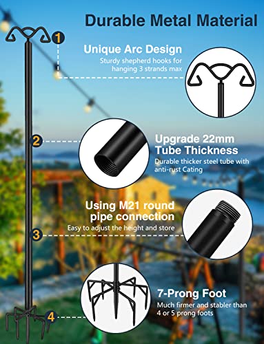 Karjoefar String Light Poles for Outside, 9FT Metal Poles for Outdoor String Lights, Patio Light Pole with 7-Prong and 2 Hooks for Backyard Garden Bistro Deck Party Holiday - 2Pack