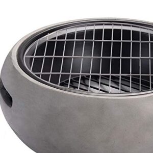 Teamson Home MGO Light Concrete Round Charcoal and Wood Burning Fire Pit for Outdoor Patio Garden Backyard with Spark Screen, Fireplace Poker, Grate, and BBQ Grill, Light Gray