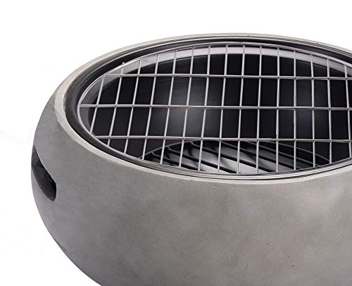 Teamson Home MGO Light Concrete Round Charcoal and Wood Burning Fire Pit for Outdoor Patio Garden Backyard with Spark Screen, Fireplace Poker, Grate, and BBQ Grill, Light Gray