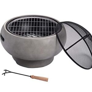 Teamson Home MGO Light Concrete Round Charcoal and Wood Burning Fire Pit for Outdoor Patio Garden Backyard with Spark Screen, Fireplace Poker, Grate, and BBQ Grill, Light Gray