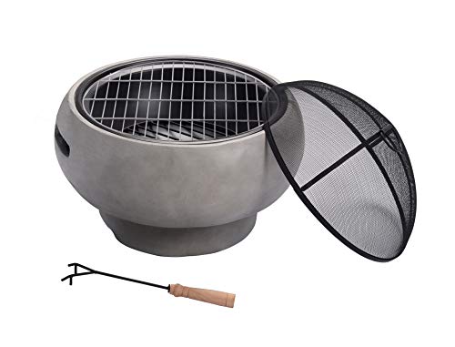 Teamson Home MGO Light Concrete Round Charcoal and Wood Burning Fire Pit for Outdoor Patio Garden Backyard with Spark Screen, Fireplace Poker, Grate, and BBQ Grill, Light Gray