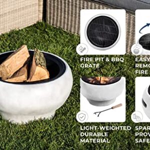 Teamson Home MGO Light Concrete Round Charcoal and Wood Burning Fire Pit for Outdoor Patio Garden Backyard with Spark Screen, Fireplace Poker, Grate, and BBQ Grill, Light Gray