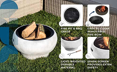 Teamson Home MGO Light Concrete Round Charcoal and Wood Burning Fire Pit for Outdoor Patio Garden Backyard with Spark Screen, Fireplace Poker, Grate, and BBQ Grill, Light Gray