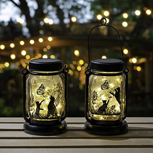 iHeartDogs Dog & Butterfly Solar Lantern Fairy Lights - Outdoor Hanging Jar & Garden Stake, 2 Piece Set