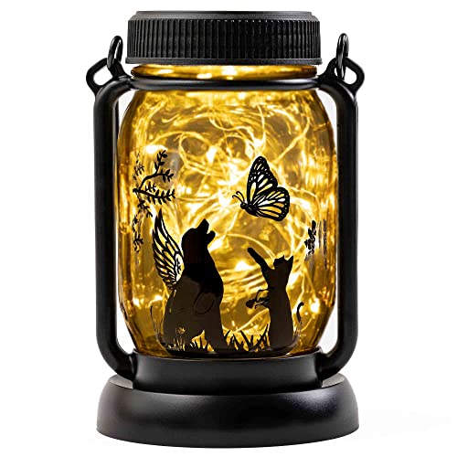 iHeartDogs Dog & Butterfly Solar Lantern Fairy Lights - Outdoor Hanging Jar & Garden Stake, 2 Piece Set