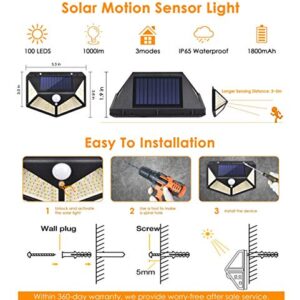 Solar Lights Outdoor - Solar Wall Light 100 LEDs Wireless Solar Motion Sensor Security Lights with 270° Wide Angle IP65 Waterproof 3 Optional Mode for Garden Patio Yard Front Door Garage Porch,4 Pack