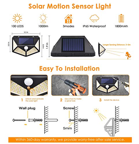 Solar Lights Outdoor - Solar Wall Light 100 LEDs Wireless Solar Motion Sensor Security Lights with 270° Wide Angle IP65 Waterproof 3 Optional Mode for Garden Patio Yard Front Door Garage Porch,4 Pack