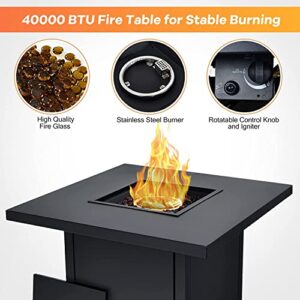 Renatone 25” Outdoor Fire Pit Table, 40,000 BTU Propane Fire Pit Table with Lid, Adjustable Flame, Fire Glass & CSA Certification, 2-in-1 Square Gas Firepit Table, for Patio, Balcony, Garden (Black)