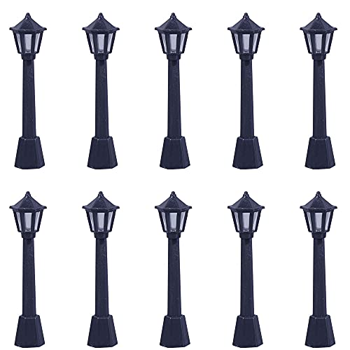 10pcs Mini Miniature Street Light Model, Railway Train Post Lamps, Black Lamp Outdoor Pathway Lantern Post for Dollhouse Decoration Micro Landscape Fairy Garden Lighting Accessories, Black