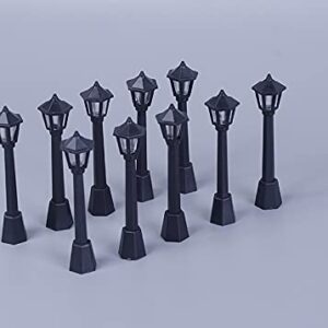 10pcs Mini Miniature Street Light Model, Railway Train Post Lamps, Black Lamp Outdoor Pathway Lantern Post for Dollhouse Decoration Micro Landscape Fairy Garden Lighting Accessories, Black