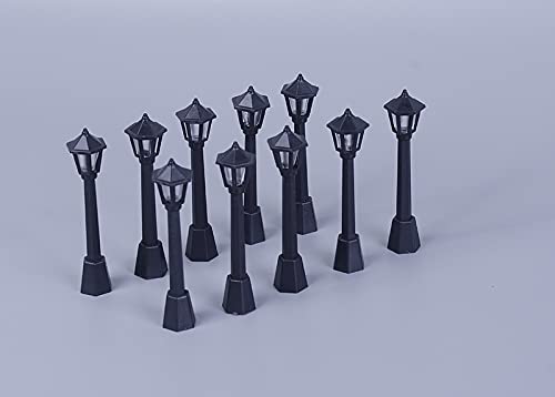 10pcs Mini Miniature Street Light Model, Railway Train Post Lamps, Black Lamp Outdoor Pathway Lantern Post for Dollhouse Decoration Micro Landscape Fairy Garden Lighting Accessories, Black