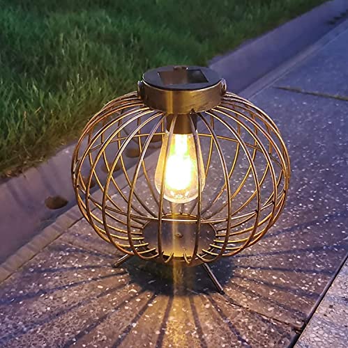 pearlstar Solar Lantern Outdoor Hanging Lights 8" Metal Copper Solar Powered Table Lamp with Edison Bulb Waterproof for Yard Tabletop Patio Porch Garden Decoration