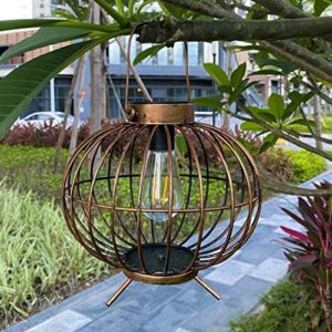 pearlstar Solar Lantern Outdoor Hanging Lights 8" Metal Copper Solar Powered Table Lamp with Edison Bulb Waterproof for Yard Tabletop Patio Porch Garden Decoration