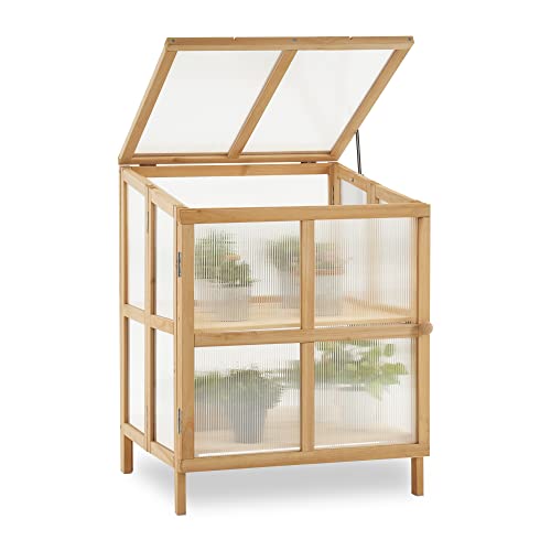 MCombo 2 Tier Foldable Cold Frame Greenhouse, Portable Wooden Greenhouse Garden Cold Frame Raised Planter Box with Shelves, 0122 (Natural)