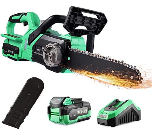 KGK 20V 4.0Ah Cordless Electric Chainsaw, 10 Inch Handheld Battery Powered Chainsaw with Security Lock, Rechargeable Mini Electric Power Chain saws for Trees Wood Farm Garden Ranch Forest Cutting