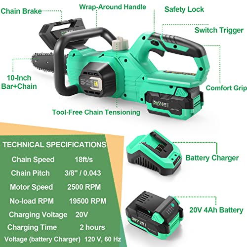 KGK 20V 4.0Ah Cordless Electric Chainsaw, 10 Inch Handheld Battery Powered Chainsaw with Security Lock, Rechargeable Mini Electric Power Chain saws for Trees Wood Farm Garden Ranch Forest Cutting