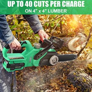 KGK 20V 4.0Ah Cordless Electric Chainsaw, 10 Inch Handheld Battery Powered Chainsaw with Security Lock, Rechargeable Mini Electric Power Chain saws for Trees Wood Farm Garden Ranch Forest Cutting