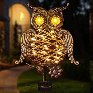 homeleo upgraded metal solar owl garden lights with flickering eyes, outdoor decorative owl statues sculpture,unique owl gifts for gardening yard decor, pathway, lawn, flower bed decorations(bronze)