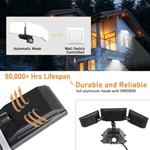 DLLT 50W Security Lights Motion Outdoor, LED Flood Light Fixture with 3 Adjustable Heads, IP65 Waterproof, 6000K Daylight Super Bright Exterior Lights Wall Mounted for Garage, Yard, Porch, Garden