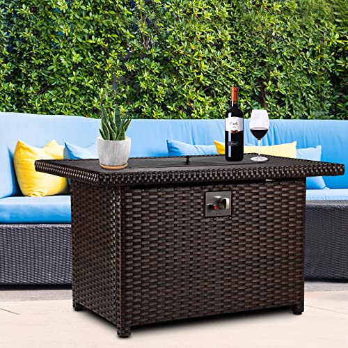 44 in Propane Gas Fire Table Auto-Ignition 50,000BTU， Rectangle Woven Rattan Fire Pit for Outside Patio Garden Deck & Backyard，with Lid and Blue Glass Beads, Glass Wind Guard,CSA Approved（Brown）