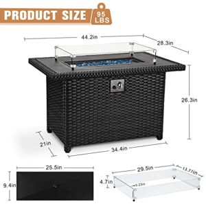 44 in Propane Gas Fire Table Auto-Ignition 50,000BTU， Rectangle Woven Rattan Fire Pit for Outside Patio Garden Deck & Backyard，with Lid and Blue Glass Beads, Glass Wind Guard,CSA Approved（Brown）