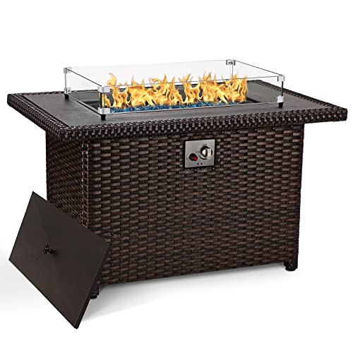 44 in Propane Gas Fire Table Auto-Ignition 50,000BTU， Rectangle Woven Rattan Fire Pit for Outside Patio Garden Deck & Backyard，with Lid and Blue Glass Beads, Glass Wind Guard,CSA Approved（Brown）