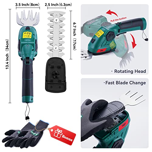 Dextra 8V Hedge Trimmer Cordless, 2 in 1 Handheld Electric Bush Shrub Trimmer with Battery and Charger, 45Min Fast Charger Grass Shears Cordless Mini Hedge Trimmer with Gloves for Yard,Garden