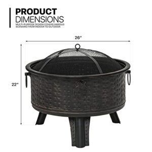 MoNiBloom 26" Round Fire Pit Wood Burning Bonfire Firebowl Outdoor Portable Steel Firepit with Spark Screen Cover and Poker for Backyard Garden Bonfire BBQ, Black