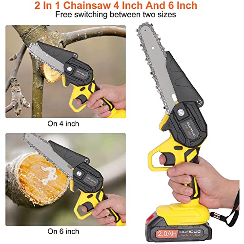 Mini Chainsaw Cordless 6 Inch, Handheld Chainsaw with Replacement 4Inch and 6Inch Guide Plates, Small Chainsaw with 2 Batteries 4 Chains For Cutting Wood, Tree Trimming, Garden Pruning