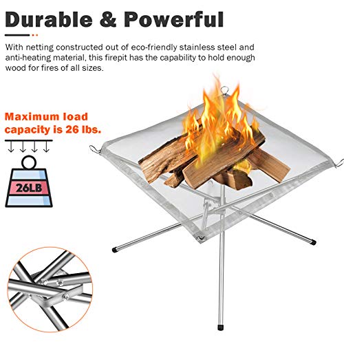 Portable Outdoor Fire Pit 22 Inch Upgrade Foldable Stainless Steel Mesh Fire Pit Wood Burning, Collapsible Fireplace Space Saving Perfect for Camping, Backyard, Patio, Garden (Carrying Bag Included)