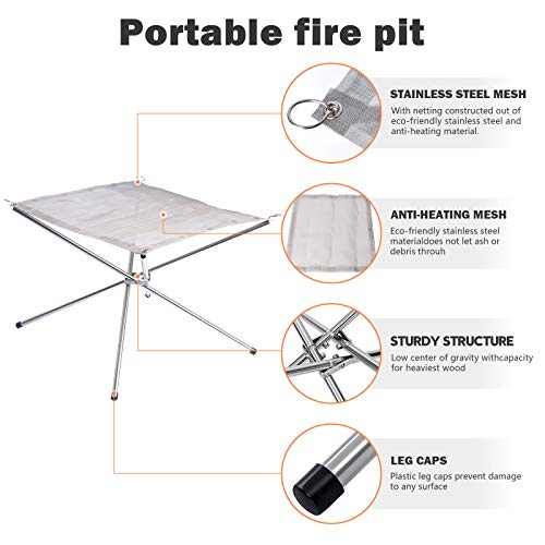 Portable Outdoor Fire Pit 22 Inch Upgrade Foldable Stainless Steel Mesh Fire Pit Wood Burning, Collapsible Fireplace Space Saving Perfect for Camping, Backyard, Patio, Garden (Carrying Bag Included)