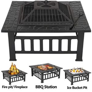 JupiterForce 32" Outdoor Metal Fire Pit Square Metal Firepit Stove for Backyard, Patio, Garden, Bonfire, Camping and Picnic with Rainproof Cover, Black