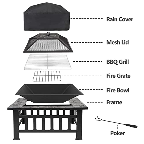 JupiterForce 32" Outdoor Metal Fire Pit Square Metal Firepit Stove for Backyard, Patio, Garden, Bonfire, Camping and Picnic with Rainproof Cover, Black