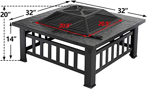 JupiterForce 32" Outdoor Metal Fire Pit Square Metal Firepit Stove for Backyard, Patio, Garden, Bonfire, Camping and Picnic with Rainproof Cover, Black