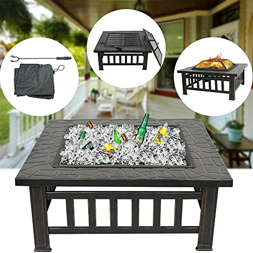 JupiterForce 32" Outdoor Metal Fire Pit Square Metal Firepit Stove for Backyard, Patio, Garden, Bonfire, Camping and Picnic with Rainproof Cover, Black