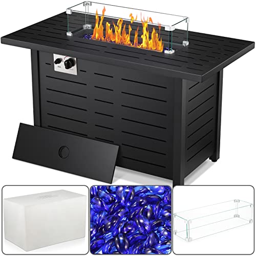 Xbeauty Fire Pit Table 43" Outdoor Gas Fire Pit Table with Lid, Rain Cover, Tempered Glass Wind Guard for Outside Garden Backyard Deck Patio