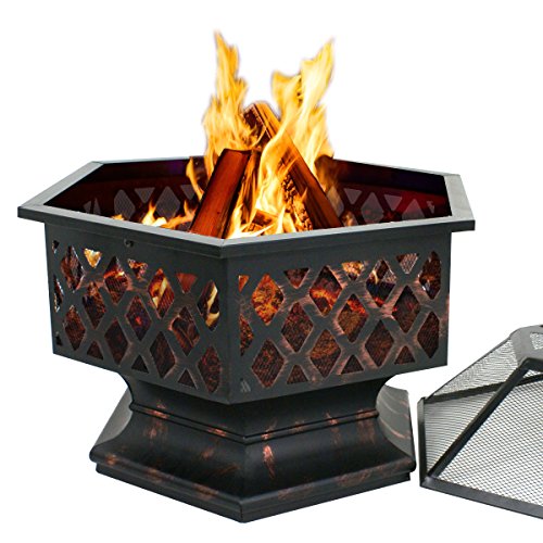 ZenStyle Hex Shaped 24” Fire Pit Outdoor Oil-Rubbed Bronze Heavy Steel Firepit Hexagon Wood Burning Fireplace for Patio, Backyard, Garden, Outdoor