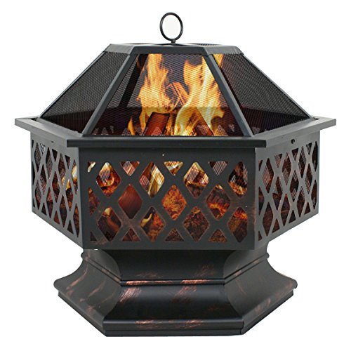 ZenStyle Hex Shaped 24” Fire Pit Outdoor Oil-Rubbed Bronze Heavy Steel Firepit Hexagon Wood Burning Fireplace for Patio, Backyard, Garden, Outdoor