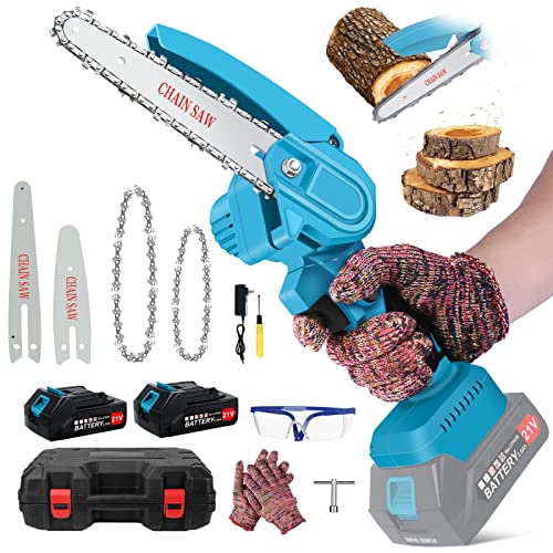 Mini Chainsaw Cordless 6 Inch With 2 Battery, Small Chainsaw Battery Operated 21V 2000mAh, Battery Powered Chainsaw Cordless 2.6Lb 2 Chains For Tree Branches, Courtyard, Household, Garden