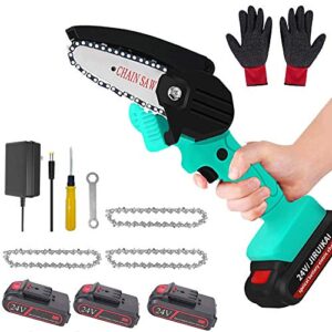 mini chainsaw cordless handheld portable chainsaw with 3pcs batteries and chain anti splash board one-hand 0.7kg lightweight pruning shears chainsaw for garden tree branch wood cutting and ,green