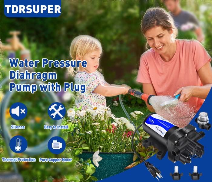 TDRFORCE Fresh Water Pump 5.5GPM Pressure Increase Booster Pump 75 PSI Transfer Pump 110V Self Priming on Demand Water Pump Diaphragm Pump Washdown Pump for Boats Inline Water Pump for Garden Hose