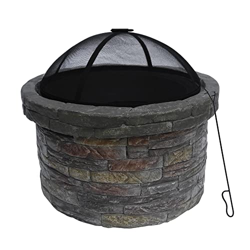 Teamson Home Concrete Round Charcoal and Wood Burning Fire Pit for Outdoor Patio Garden Backyard with Spark Screen, Fireplace Poker, Grate, and BBQ Grill, 27 inch Length, Natural Stone