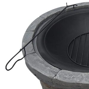 Teamson Home Concrete Round Charcoal and Wood Burning Fire Pit for Outdoor Patio Garden Backyard with Spark Screen, Fireplace Poker, Grate, and BBQ Grill, 27 inch Length, Natural Stone