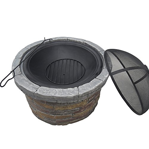 Teamson Home Concrete Round Charcoal and Wood Burning Fire Pit for Outdoor Patio Garden Backyard with Spark Screen, Fireplace Poker, Grate, and BBQ Grill, 27 inch Length, Natural Stone