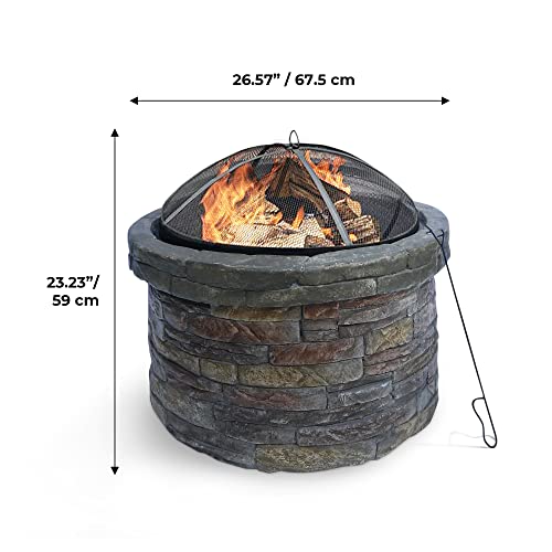 Teamson Home Concrete Round Charcoal and Wood Burning Fire Pit for Outdoor Patio Garden Backyard with Spark Screen, Fireplace Poker, Grate, and BBQ Grill, 27 inch Length, Natural Stone