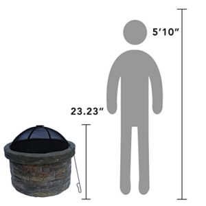 Teamson Home Concrete Round Charcoal and Wood Burning Fire Pit for Outdoor Patio Garden Backyard with Spark Screen, Fireplace Poker, Grate, and BBQ Grill, 27 inch Length, Natural Stone