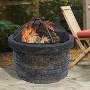 Teamson Home Concrete Round Charcoal and Wood Burning Fire Pit for Outdoor Patio Garden Backyard with Spark Screen, Fireplace Poker, Grate, and BBQ Grill, 27 inch Length, Natural Stone