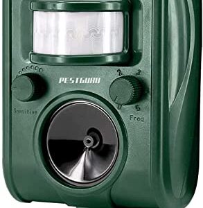 PESTGURU Solar Animal Repeller, 2022 Ultrasonic Mole Repellent, Rat, Squirrel, Deer, Raccoon, Skunk, Rabbit, Mole, Dog, Cat, Waterproof with Motion Detector, USB Rechargeable, Flashing Light (Green)